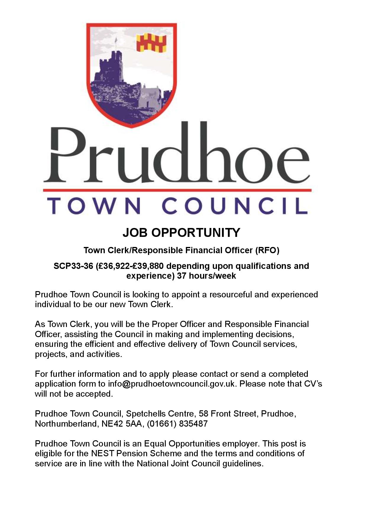 JOB VACANCY TOWN CLERK/RFO - Prudhoe Town Council